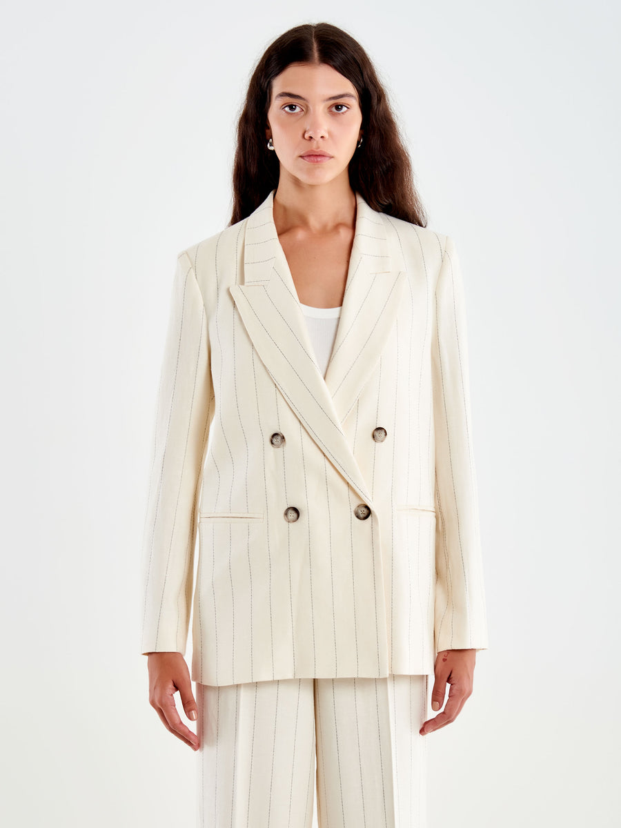 Blazer Doppiopetto Gessato Misto Lino Beige | Vicolo